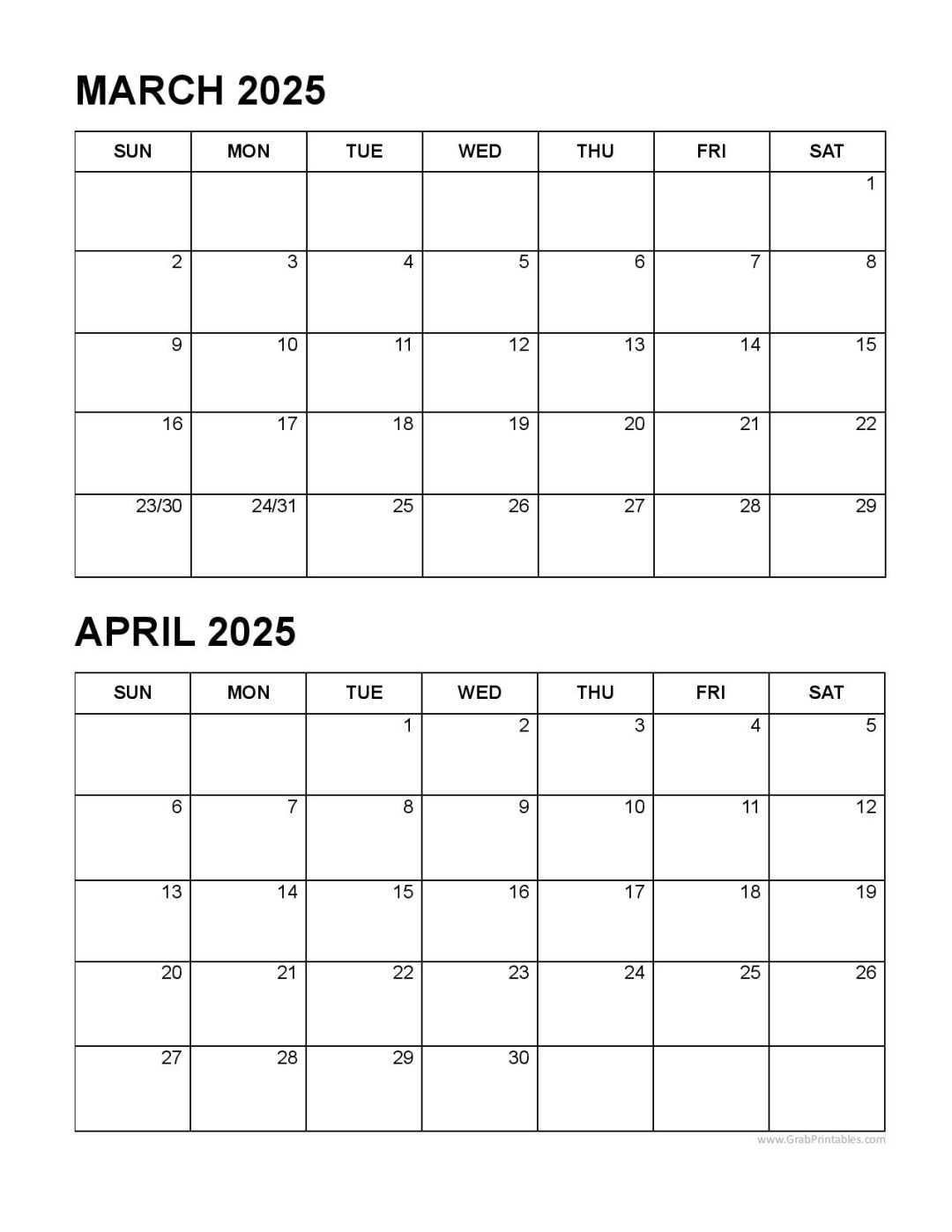 March and April 2026 Calendars | Printable Two-Months