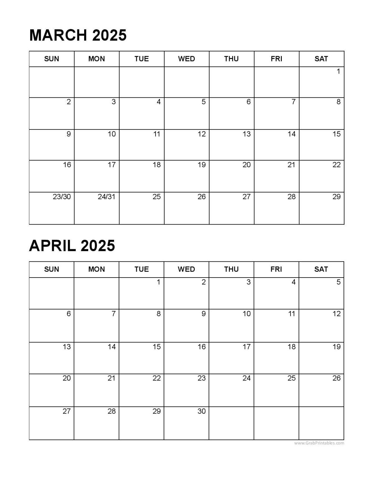 March and April 2026 Calendars | Printable Two-Months