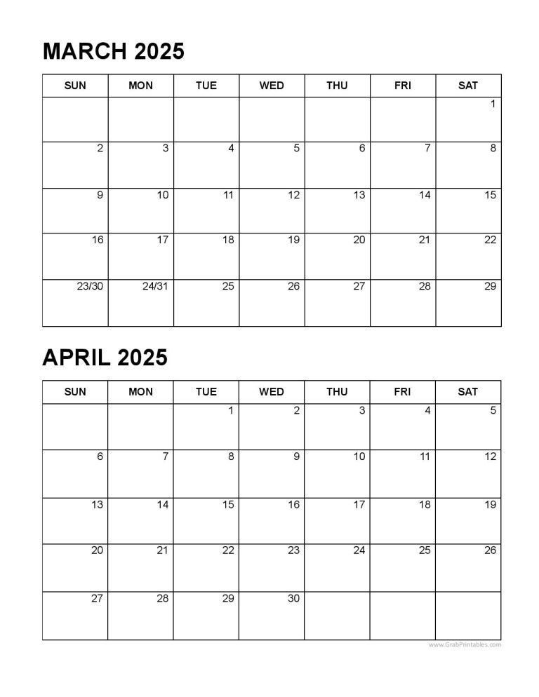 March and April 2026 Calendars | Printable Two-Months