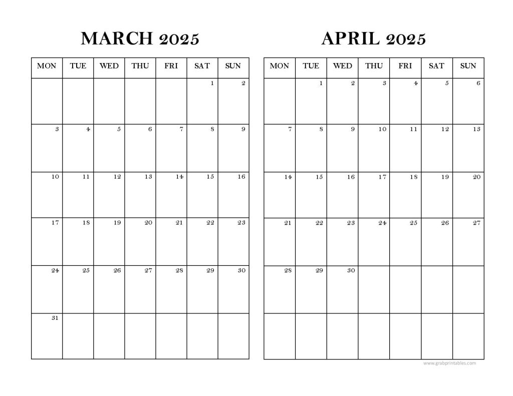 March and April 2026 Calendars | Printable Two-Months