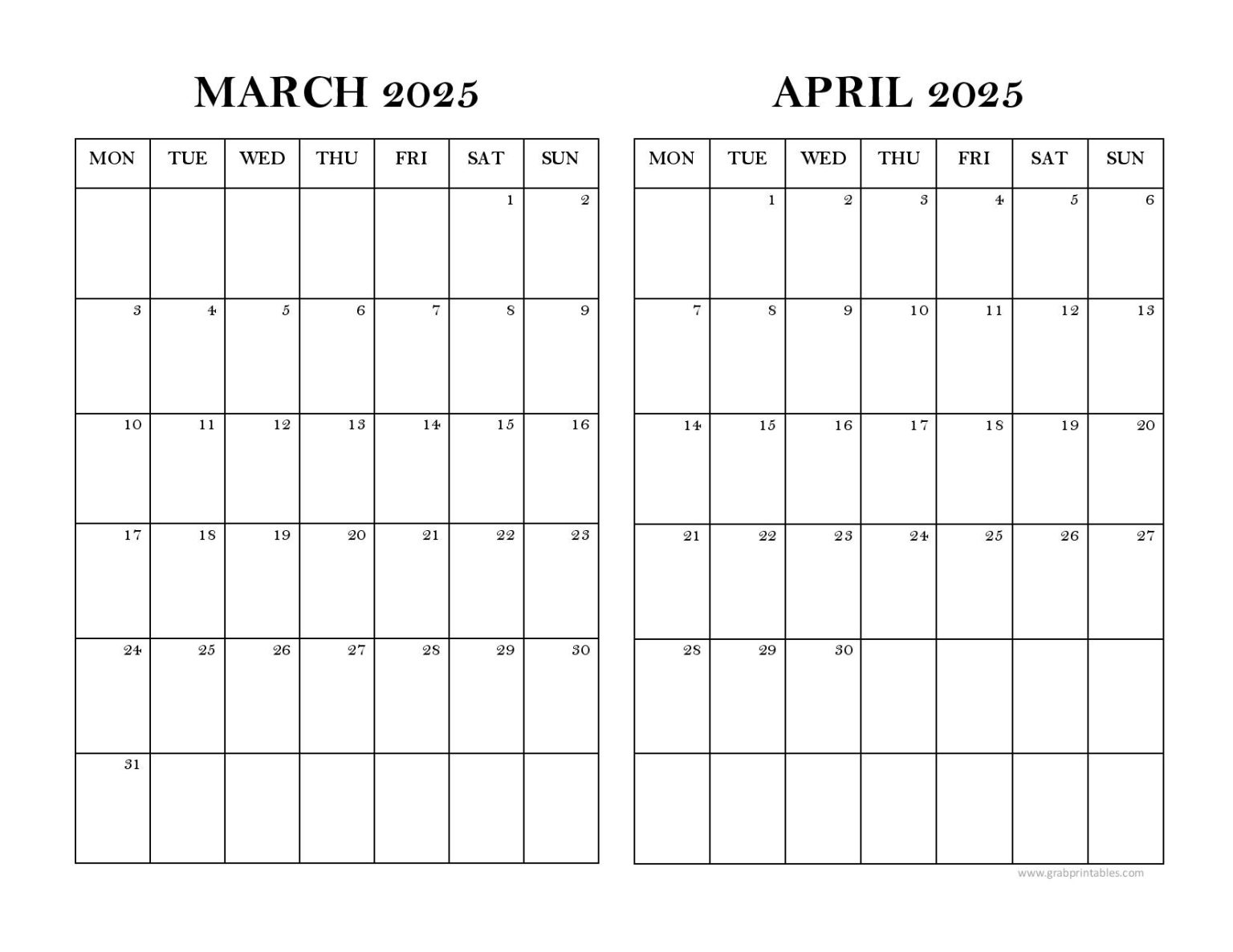 March and April 2025 Calendars | Printable Two-Months