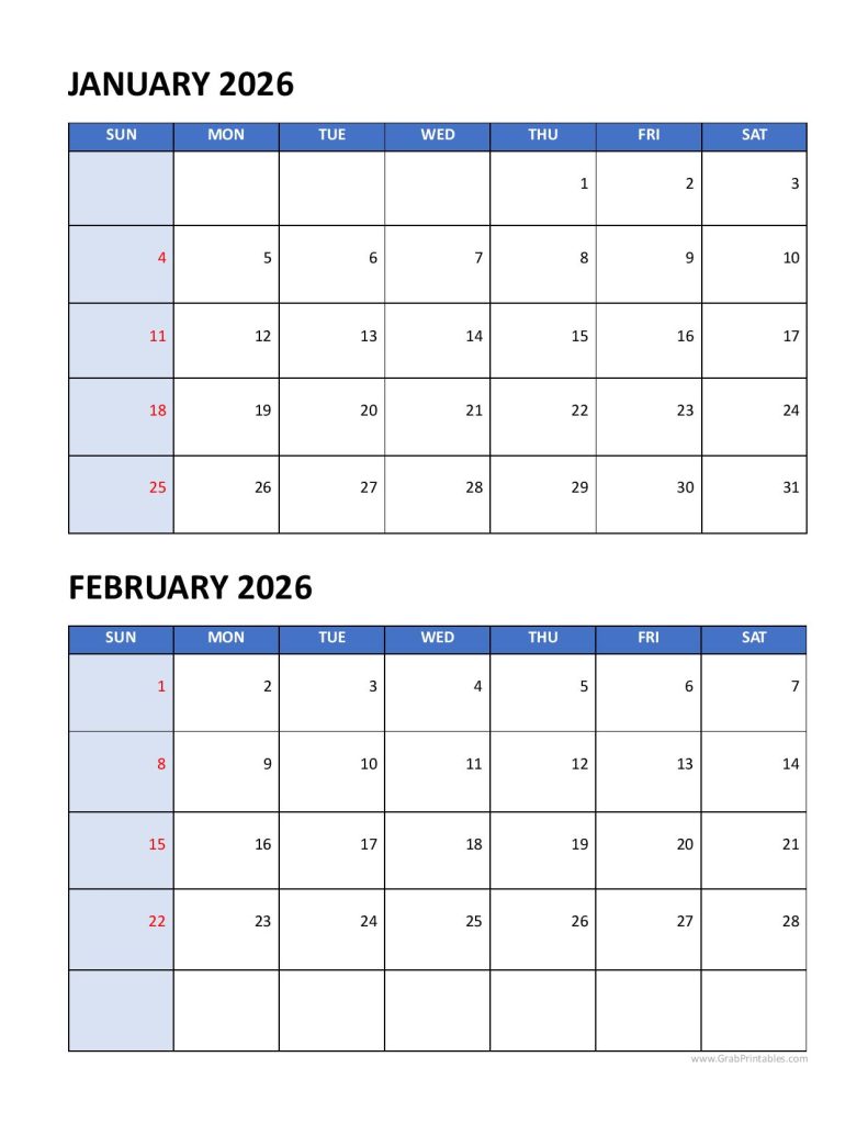 January and February 2026 Calendars | Printable Two-Months