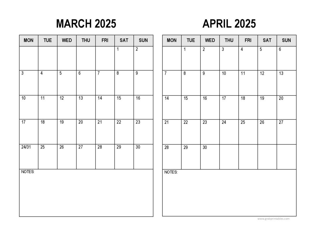 March and April 2026 Calendars | Printable Two-Months