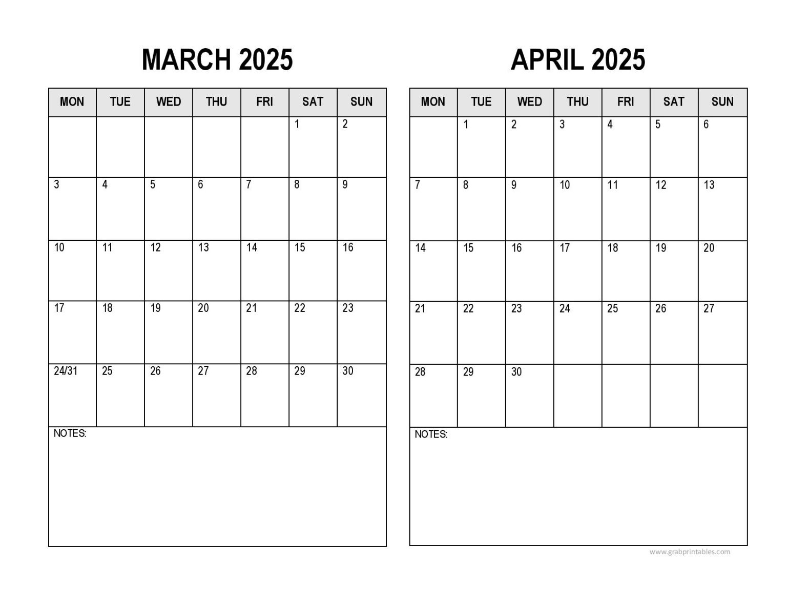 March and April 2026 Calendars | Printable Two-Months