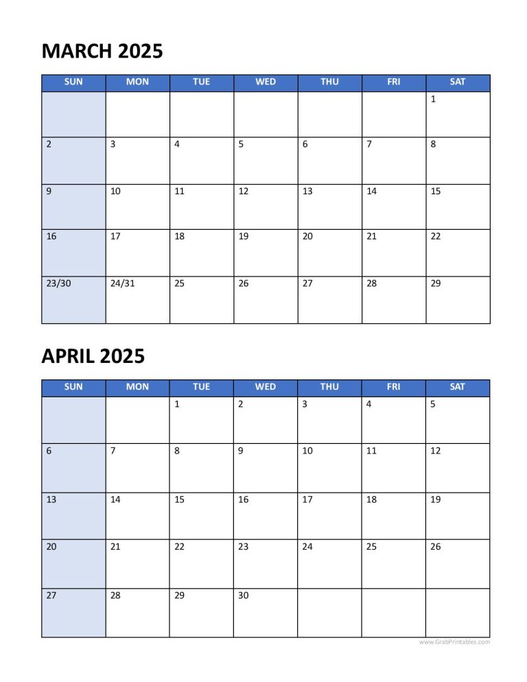 March and April 2025 Calendars | Printable Two-Months
