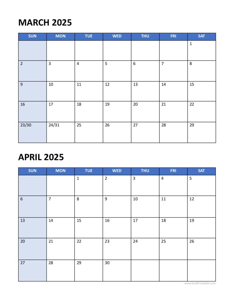 March and April 2026 Calendars | Printable Two-Months