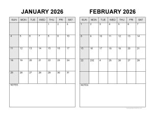 January and February 2026 Calendars | Printable Two-Months