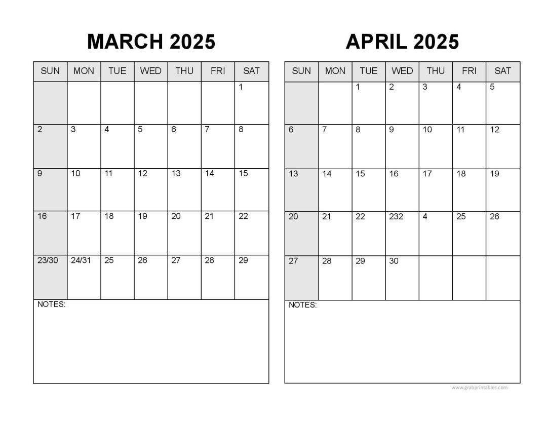 March and April 2026 Calendars | Printable Two-Months