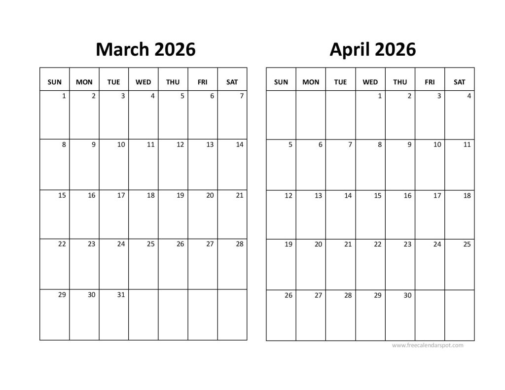 March and April 2026 Calendars | Printable Two-Months
