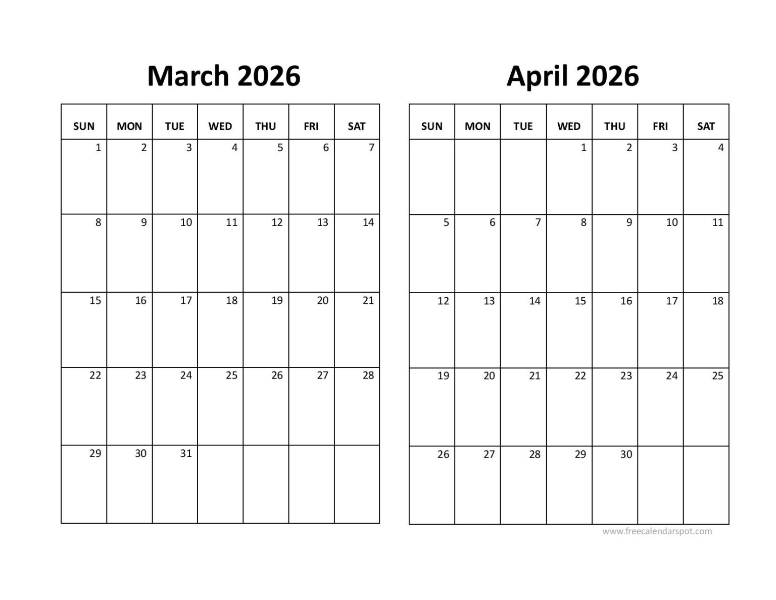 March and April 2026 Calendars | Printable Two-Months