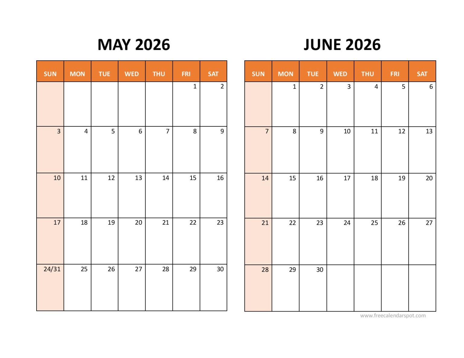 May and June 2026 Calendars | Printable Two-Months