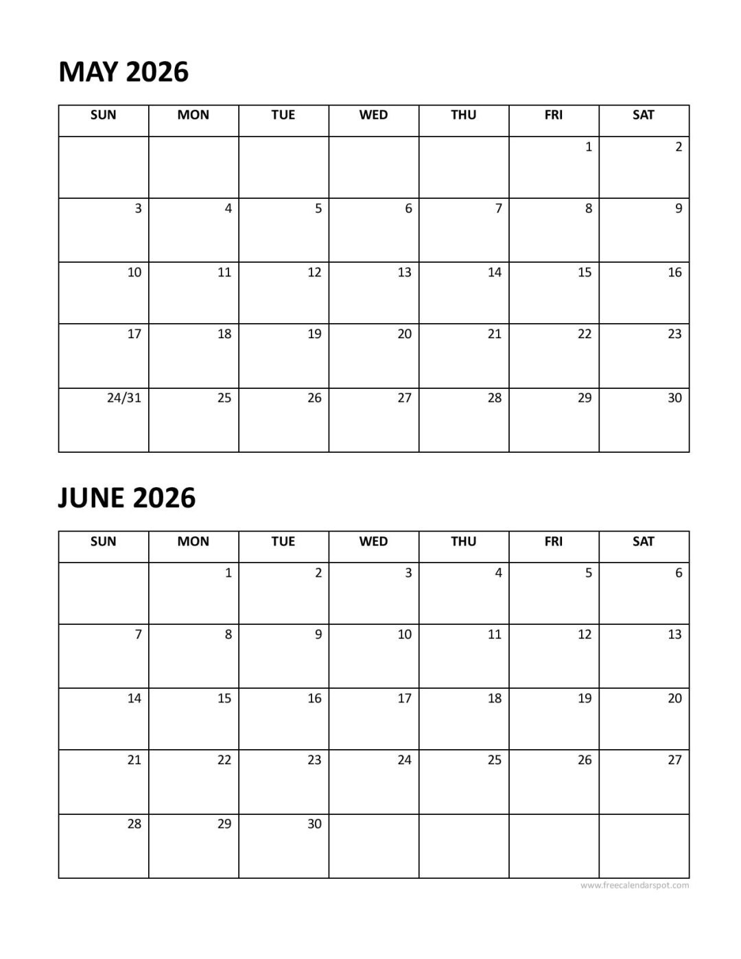 May and June 2026 Calendars | Printable Two-Months
